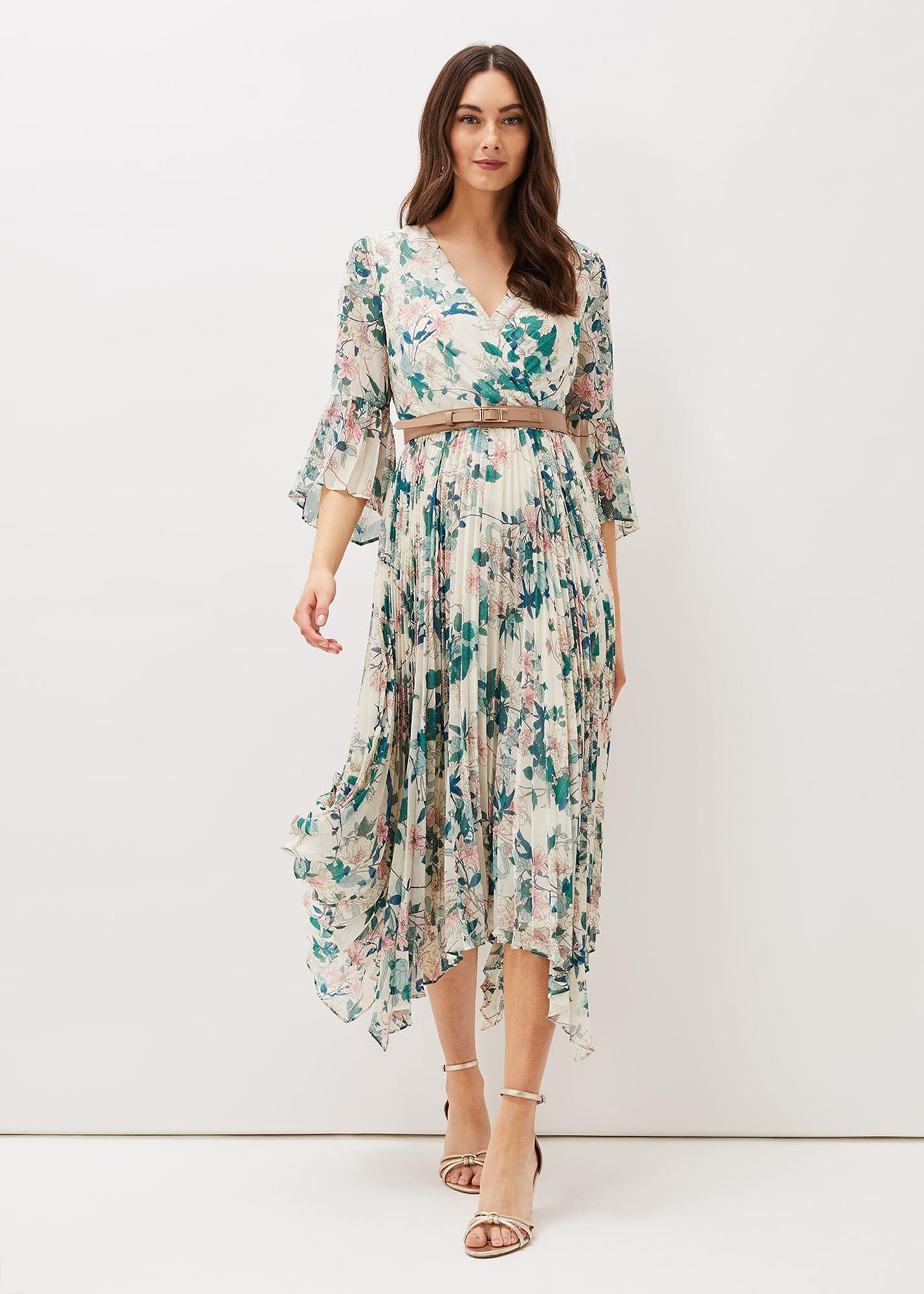 Ivory Floral V-Neck Midi Dress with Green Accents | Phase Eight | Phase ...