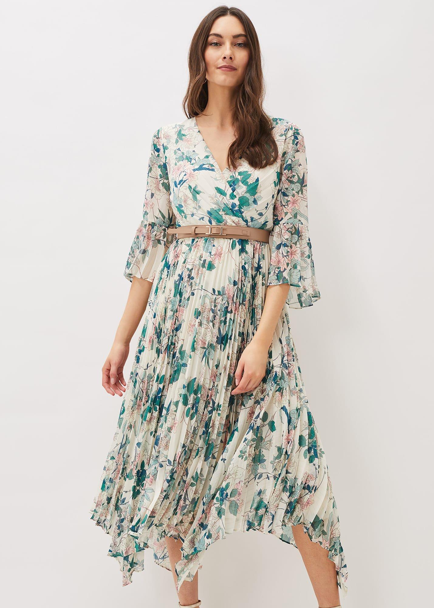 Ivory Floral V-Neck Midi Dress with Green Accents | Phase Eight | Phase ...